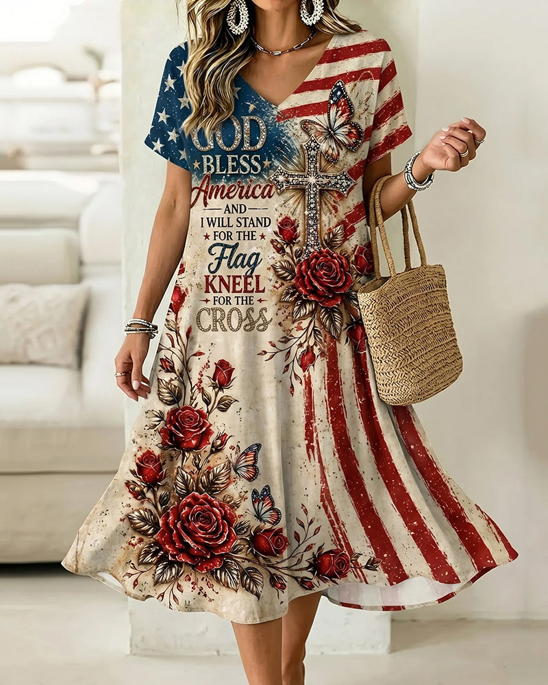 Distressed Flag Rose Cross Letter Print V-neck Midi Dress – printfem