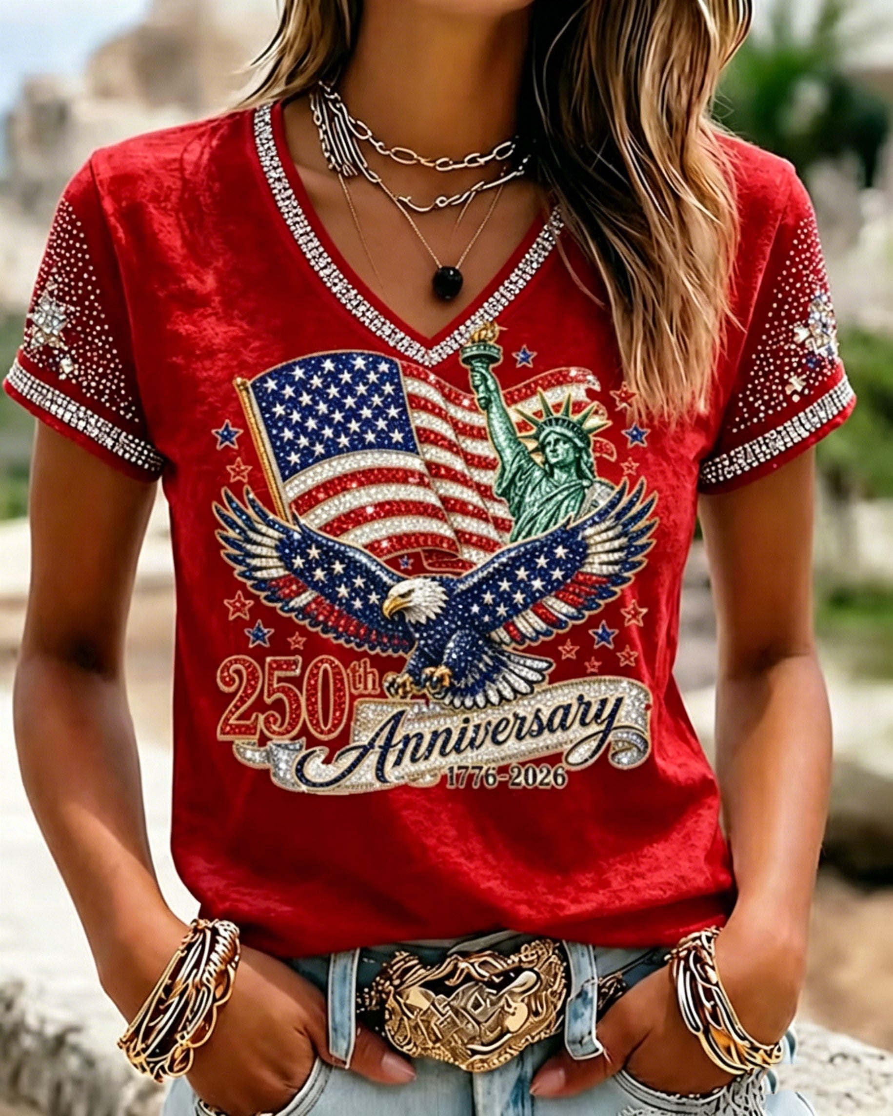 Women's 250th Anniversary Flag and Statue of Liberty Print V-neck Shor ...